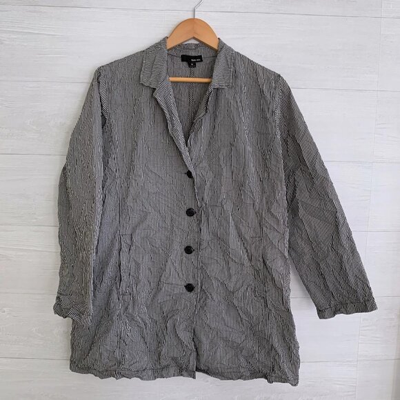 Jackets & Coats | Sun Kim Black White Gingham Crinkle Button Shirt ...